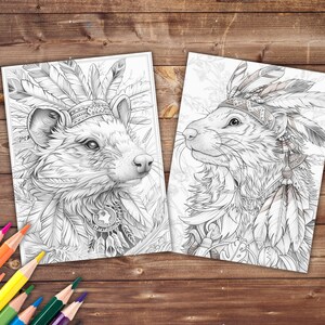 30 Native American Animals Coloring Book, Grayscale Fantasy Animals ...