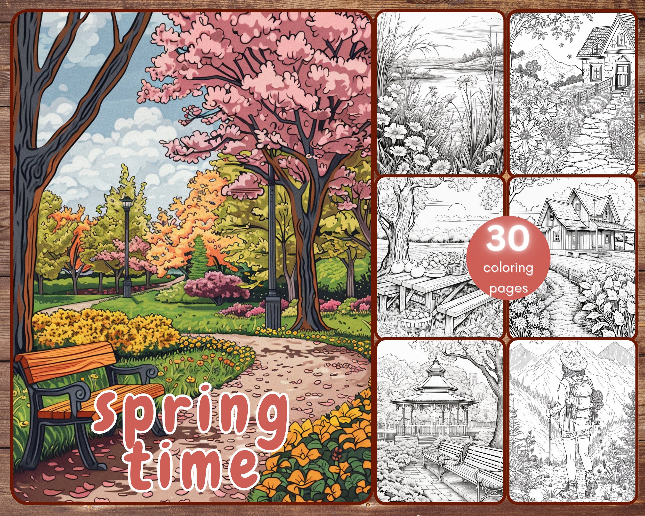 30 Spring Time Coloring Book, Grayscale Spring Gardens Coloring Pages ...