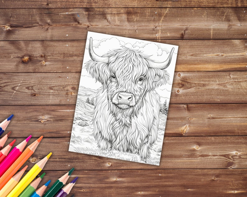 34 Cows Coloring Book, Grayscale Highland Cattle Coloring for Adults ...