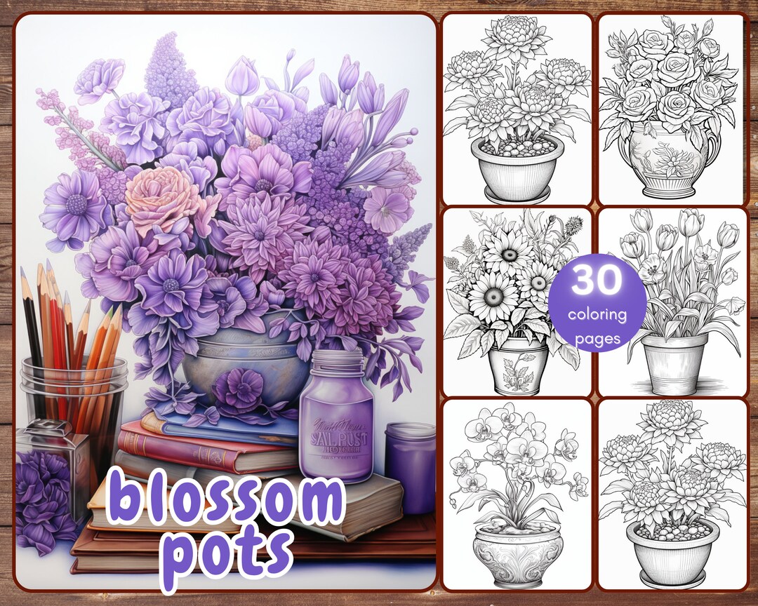30 Flowers in Pots Coloring Book, Grayscale Floral Coloring Pages ...