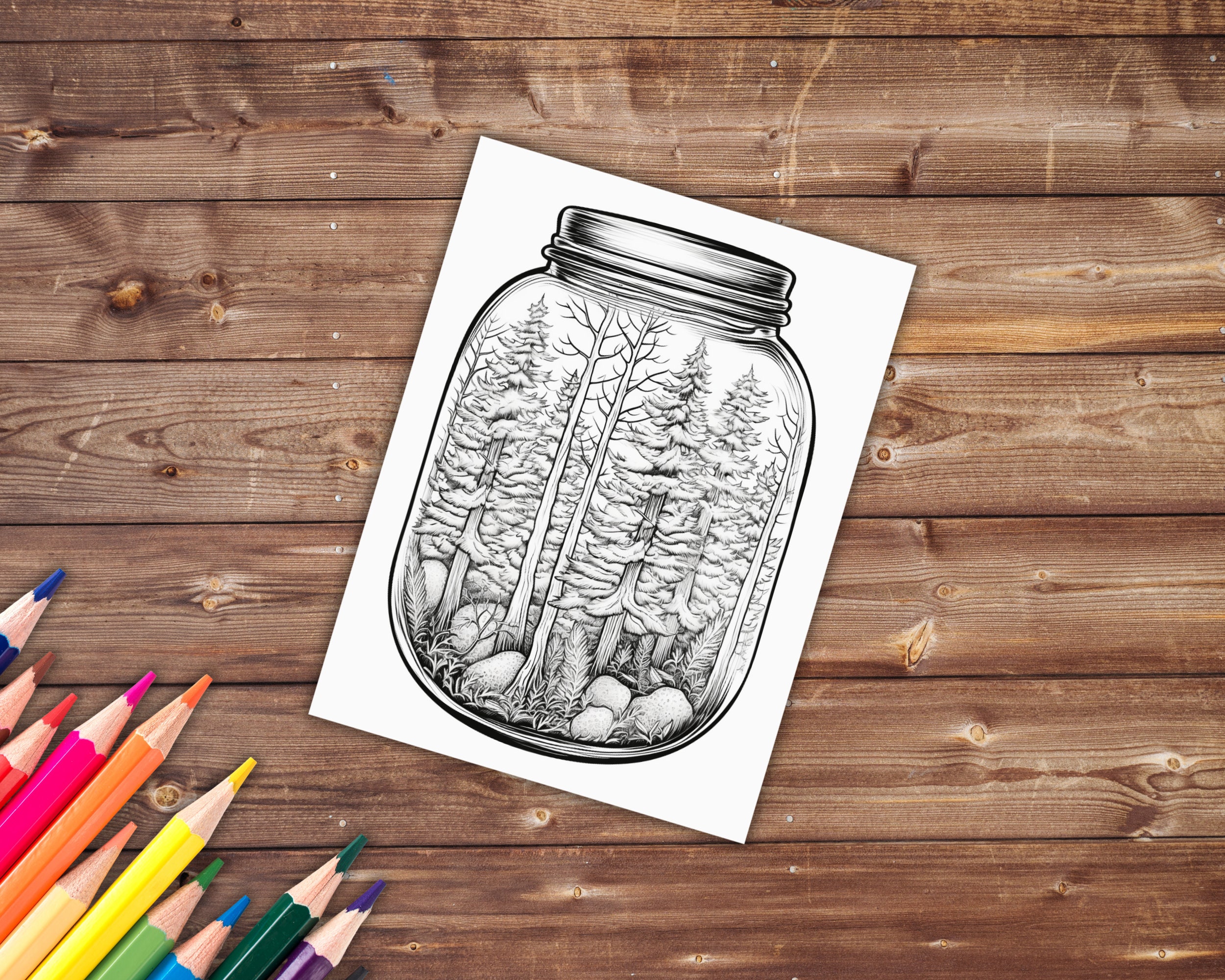 30 Forest in a Jar Coloring Book, Grayscale Trees in a Jar Coloring ...