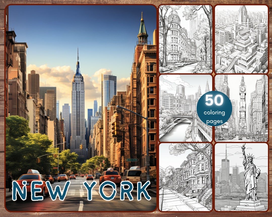 50 New York Coloring Book, Grayscale Big Apple Coloring Pages for ...