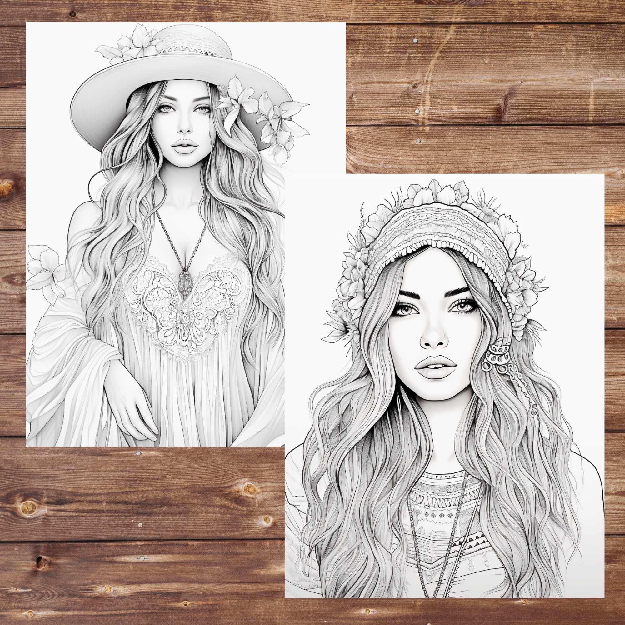 30 Bohemian Beauties Coloring Book, Grayscale Fantasy Beautiful Women ...