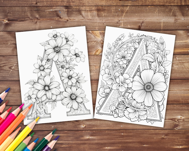 56 Alphabet Coloring Book, Grayscale Letters Coloring Pages for Adults ...