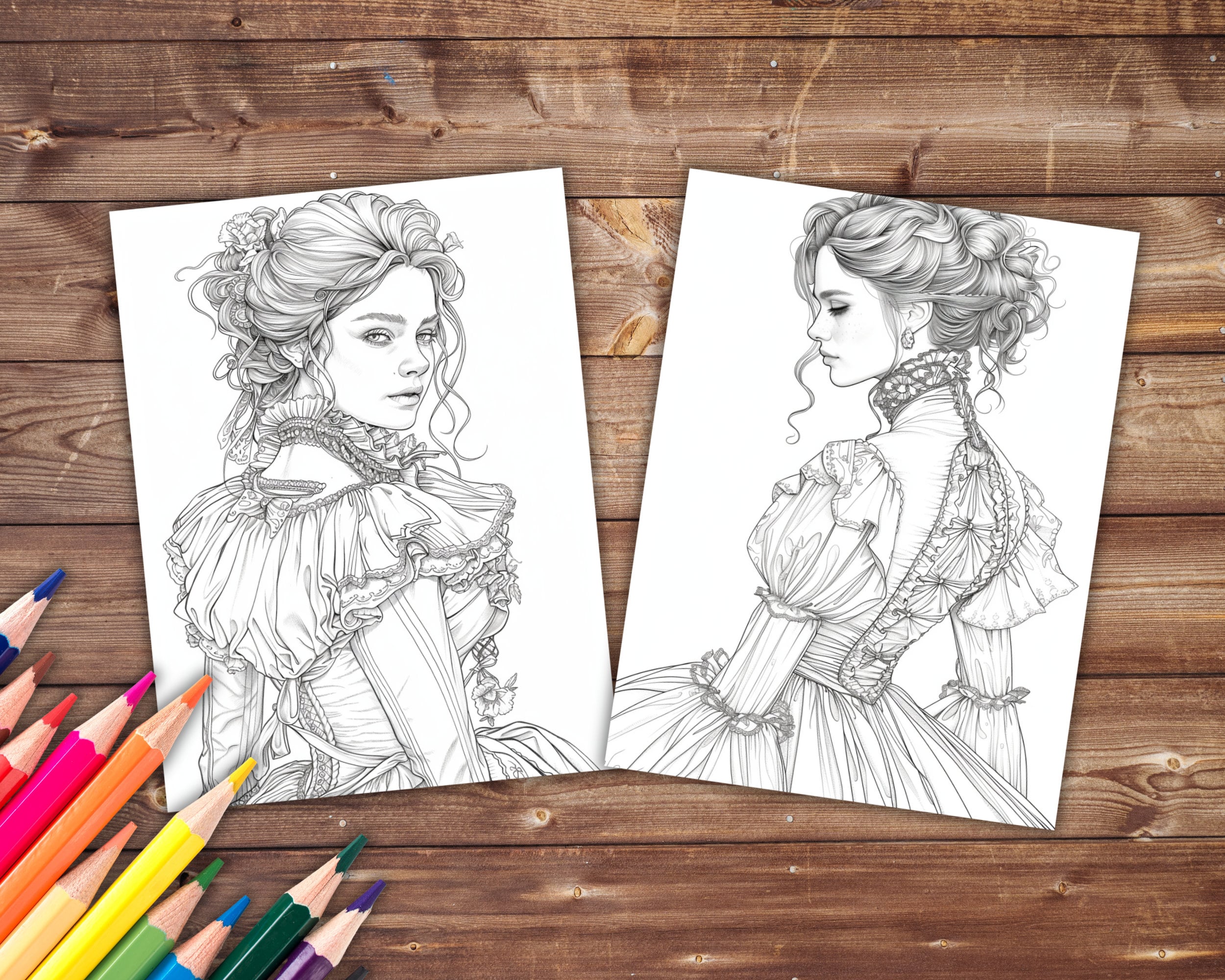 30 1800's Dresses Coloring Book, Grayscale Victorian Women Coloring ...