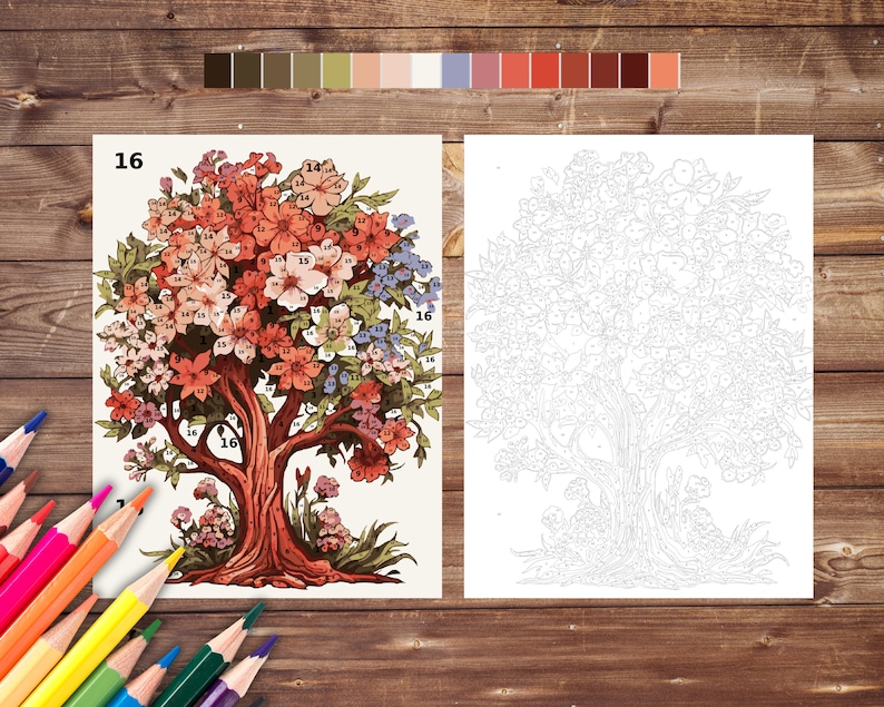 Flower Tree Color by Number for Adults, Tree Paint by Number, Printable ...