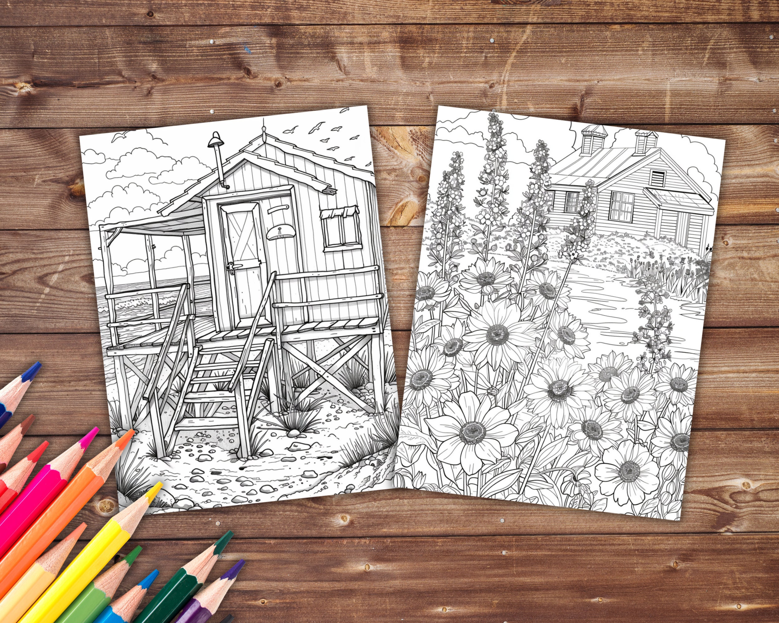 30 Summer Time Coloring Book, Grayscale Beach Coloring Pages for Adults ...