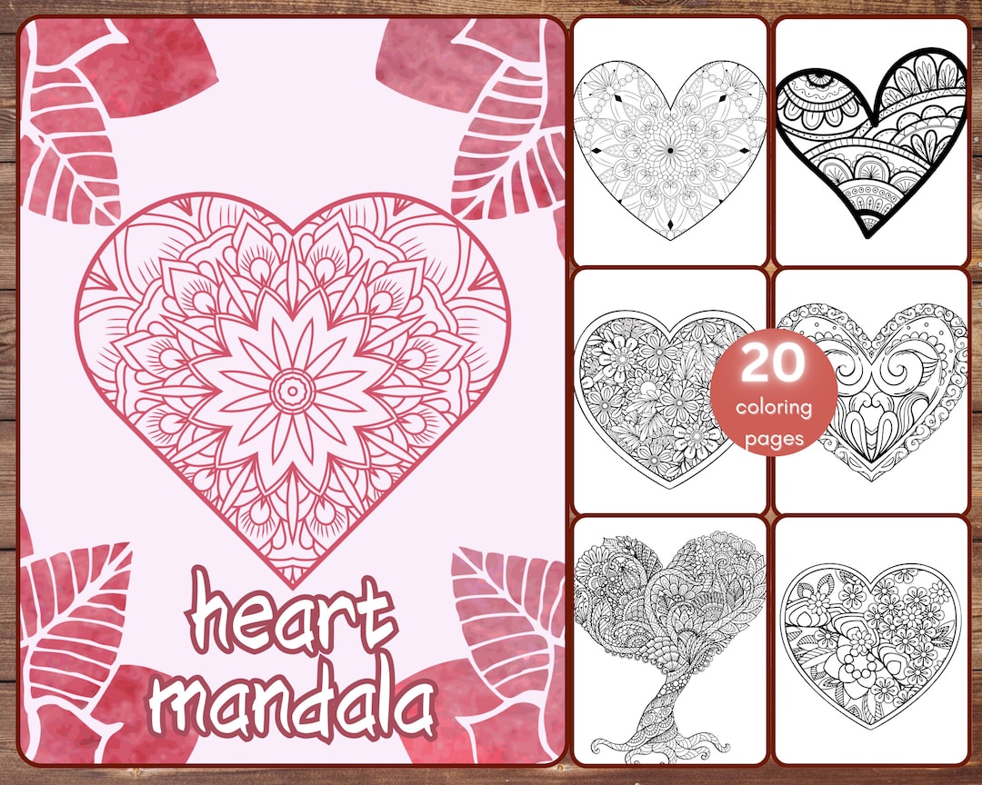 20 Heart Mandalas Coloring Book, Printable Mandala Coloring for Stress ...