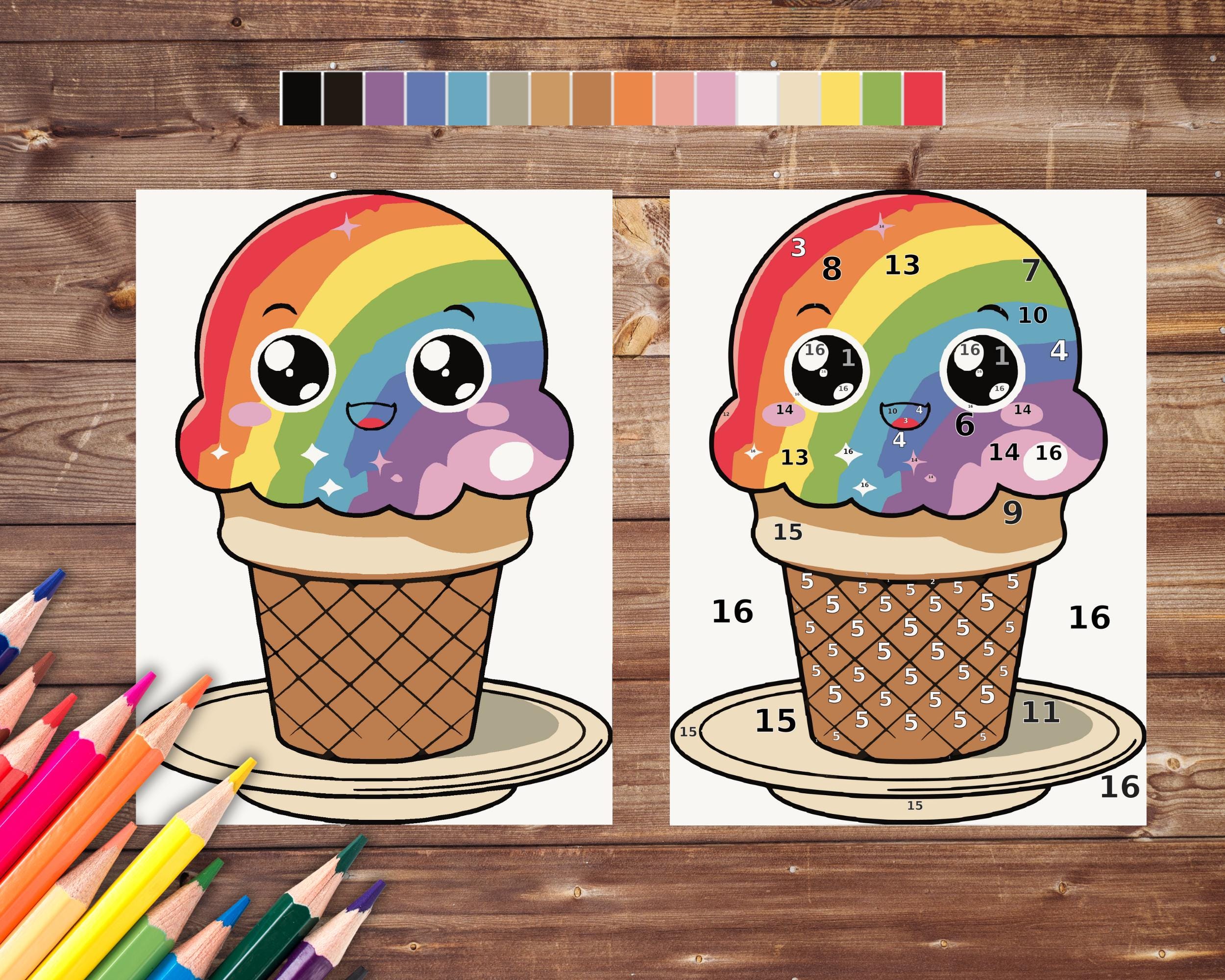 Food Kawaii Color by Number, Easy Rainbow Ice Cream Cone Paint by ...