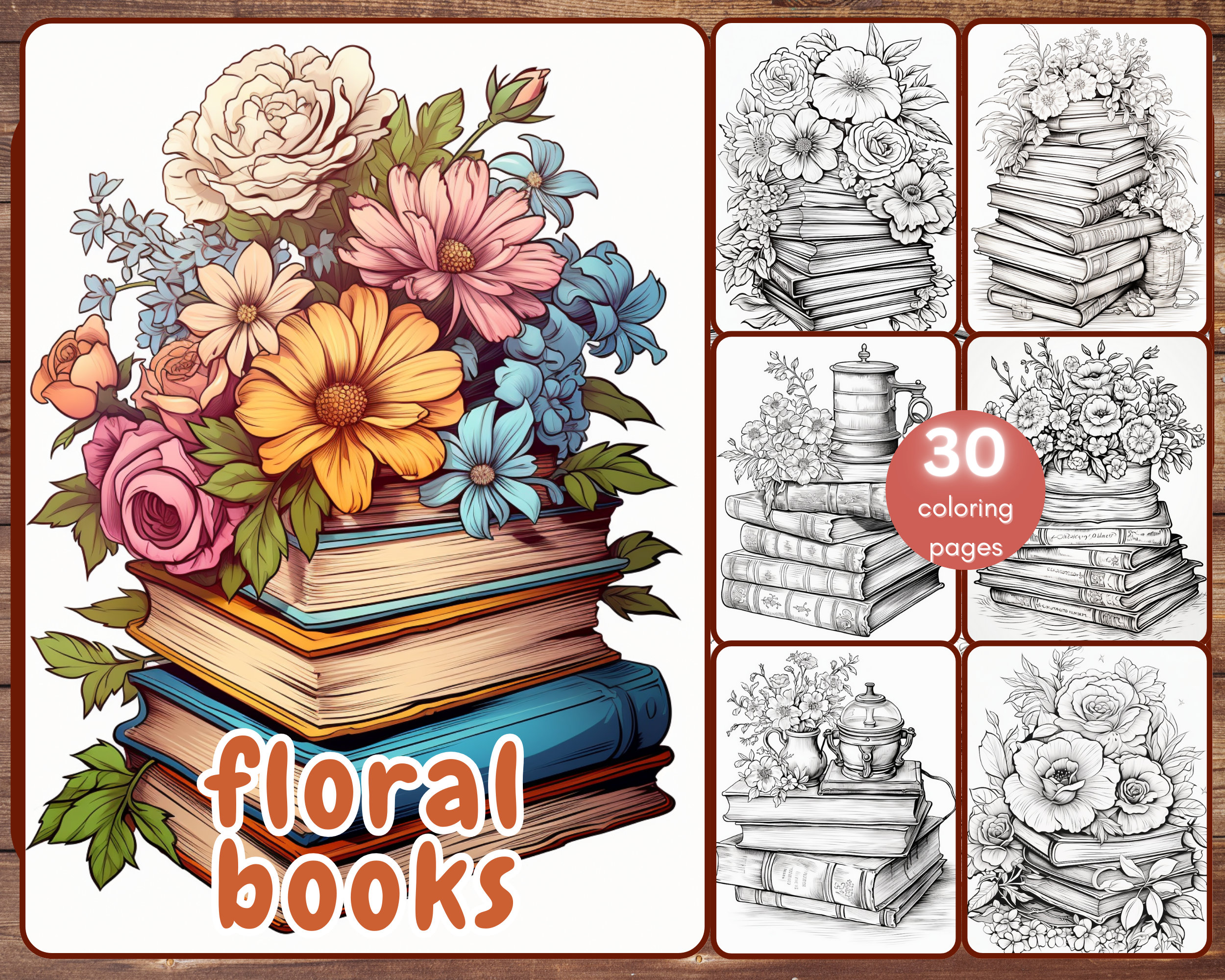 30 Books and Flowers Coloring Book, Grayscale Fantasy Floral Books ...