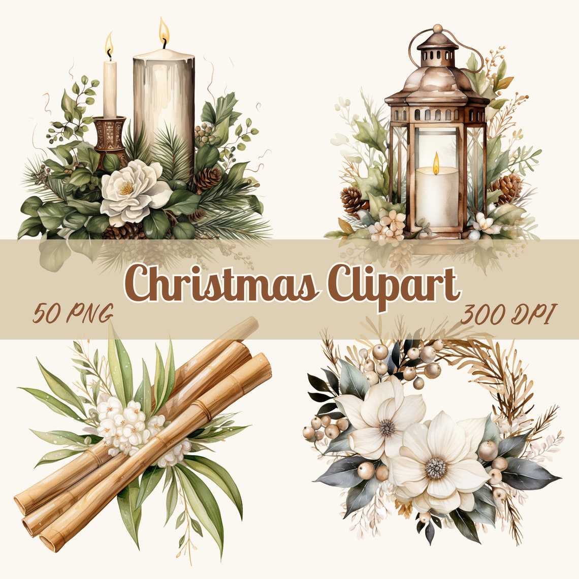 50 Christmas Clipart Bundle, Cozy Christmas, Neutral Color, Holiday ...