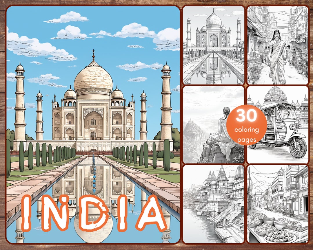 30 India Coloring Book, Grayscale Travel Destinations Coloring Book for ...