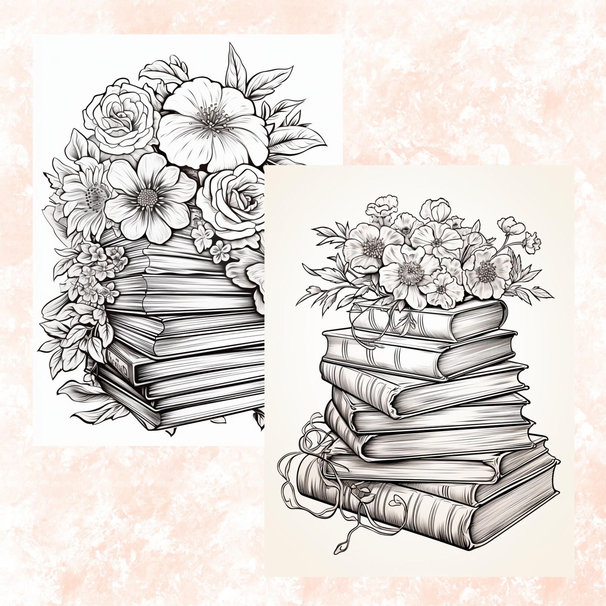 30 Books and Flowers Coloring Book, Grayscale Fantasy Floral Books ...