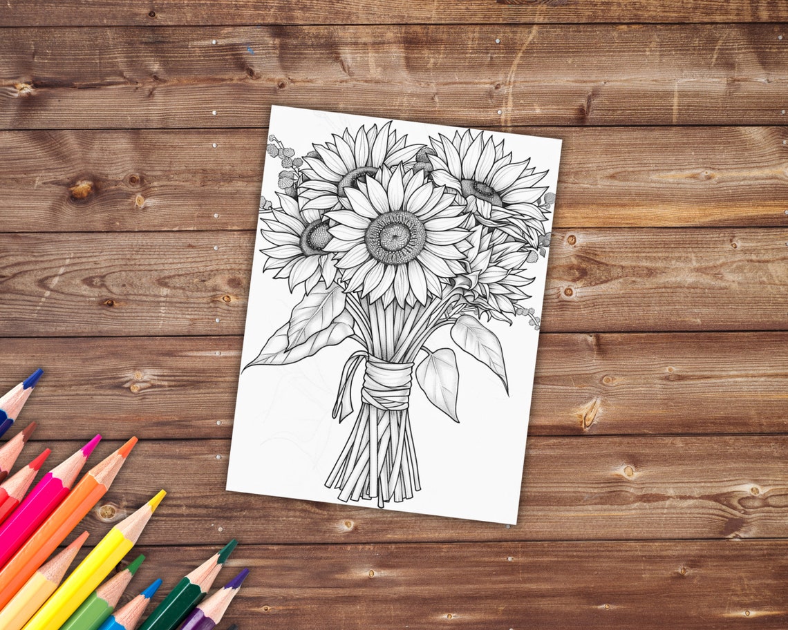 37 Sunflowers Coloring Book, Grayscale Sunflower Coloring Pages for ...