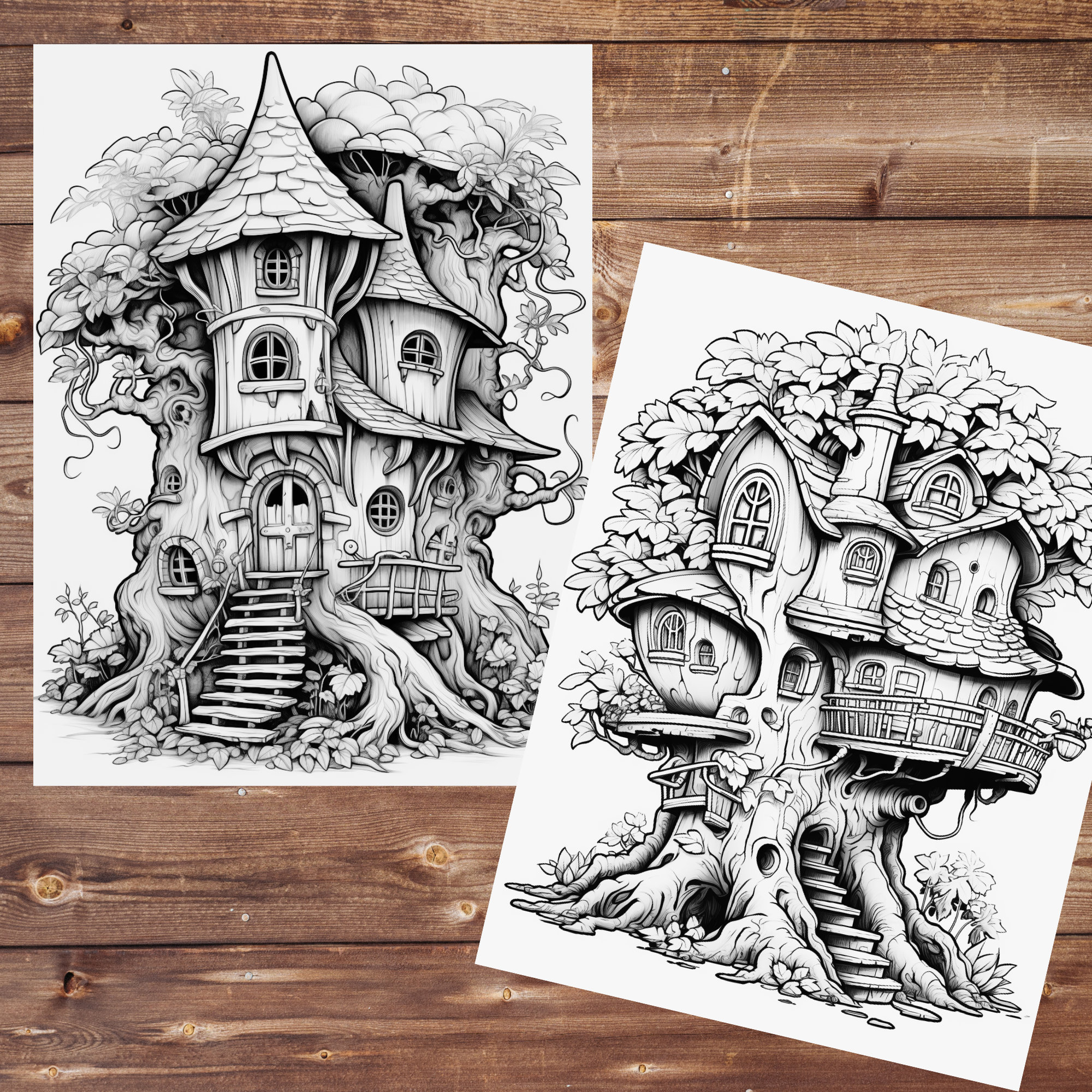 30 Blooming Fairy Houses Coloring Book, Grayscale Fantasy Tree Houses ...