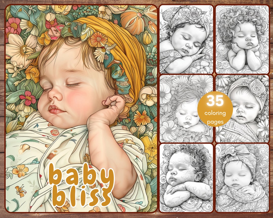 35 Cute Babies Coloring Book, Grayscale Newborn Babies and Flowers ...