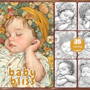 35 Cute Babies Coloring Book, Grayscale Newborn Babies and Flowers ...