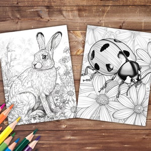 30 Spring Animals Coloring Book, Grayscale Animals and Flowers Coloring ...