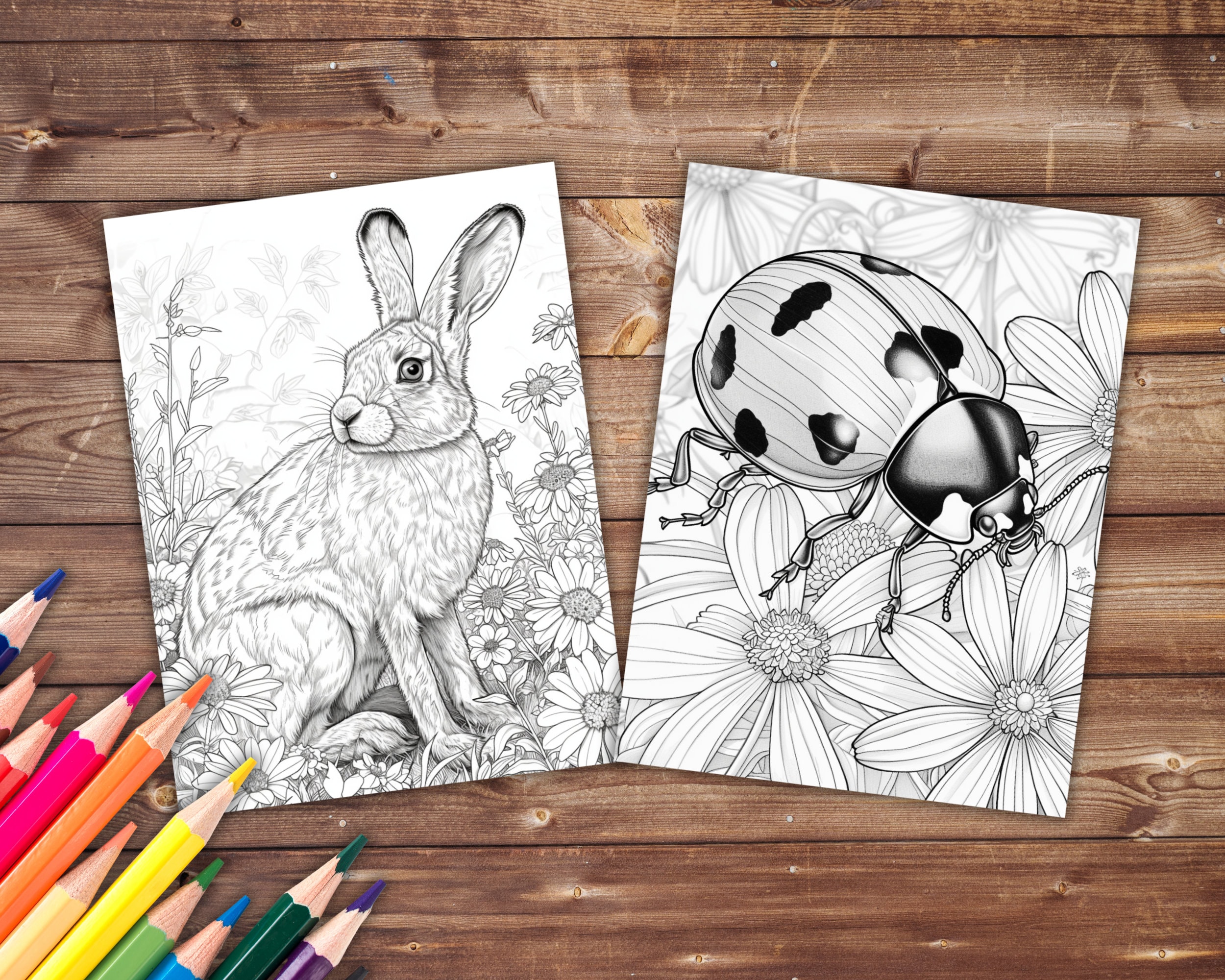 30 Spring Animals Coloring Book, Grayscale Animals and Flowers Coloring ...