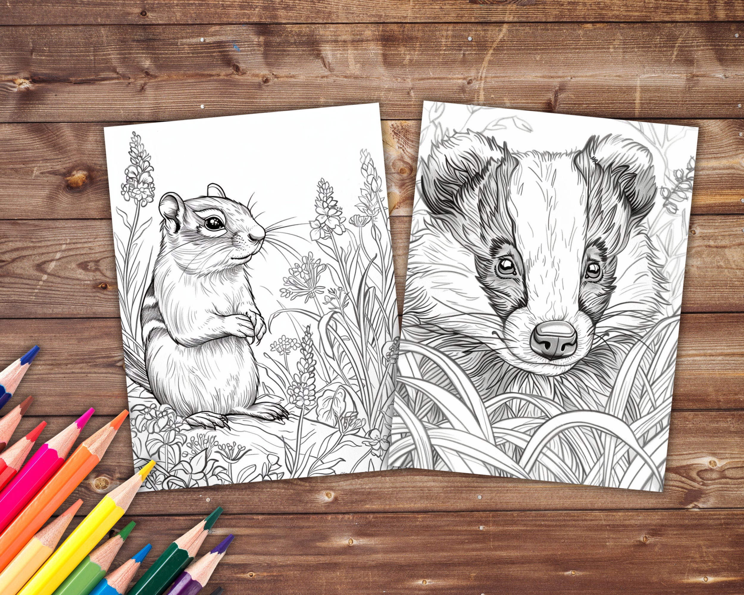 30 Spring Animals Coloring Book, Grayscale Animals and Flowers Coloring ...