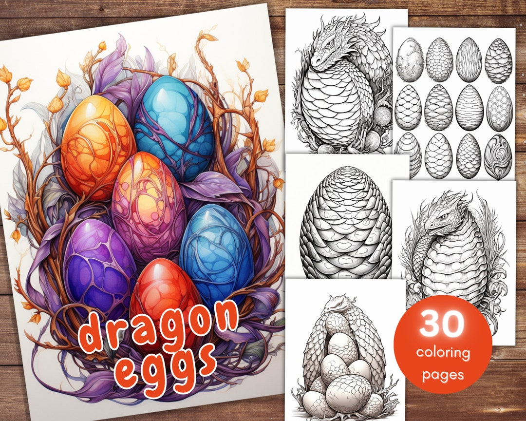 30 Dragon Eggs Coloring Book, Grayscale Fantasy Dragons Coloring Pages ...