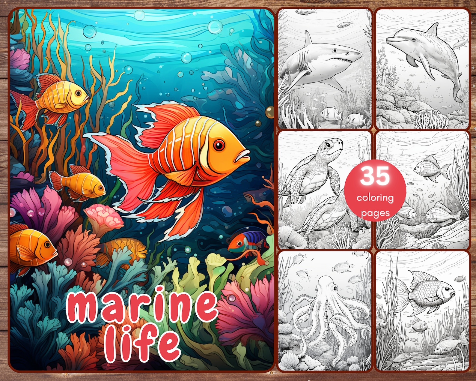 35 Sea Animals Coloring Book, Grayscale Fish Coloring for Adults, Ocean ...