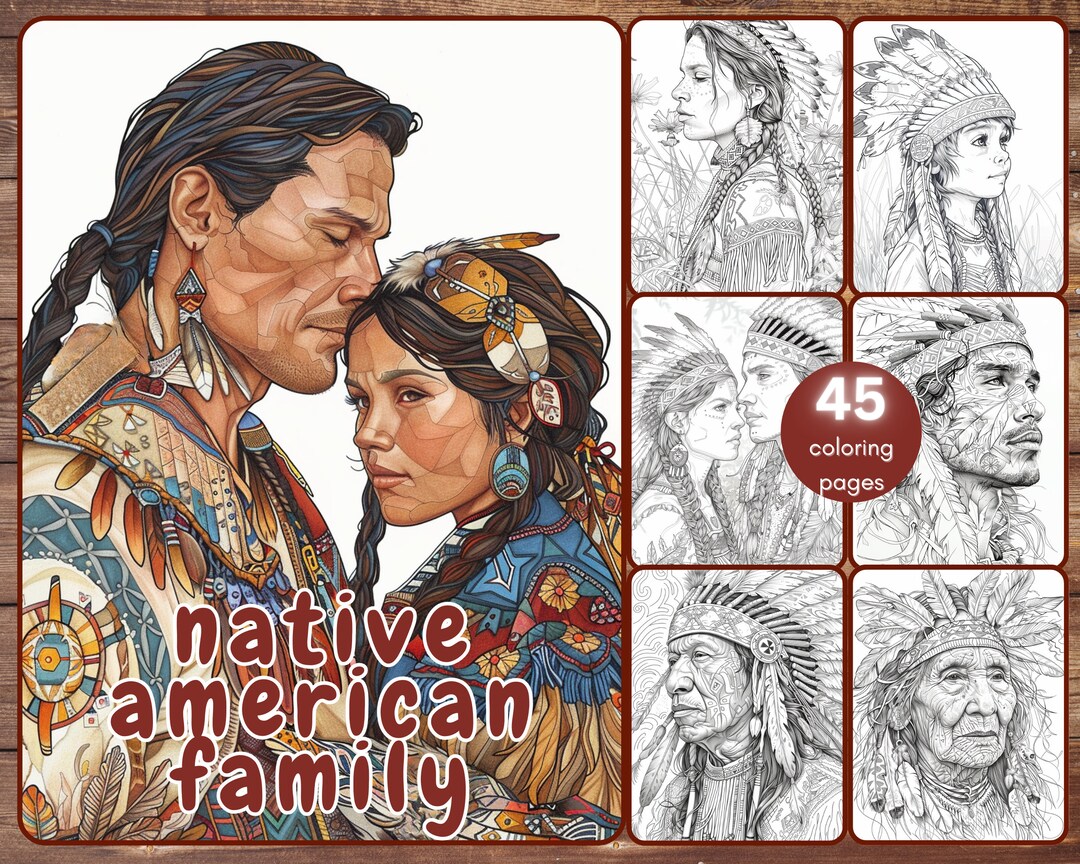 45 Native American Family Coloring Book, Grayscale Native American ...
