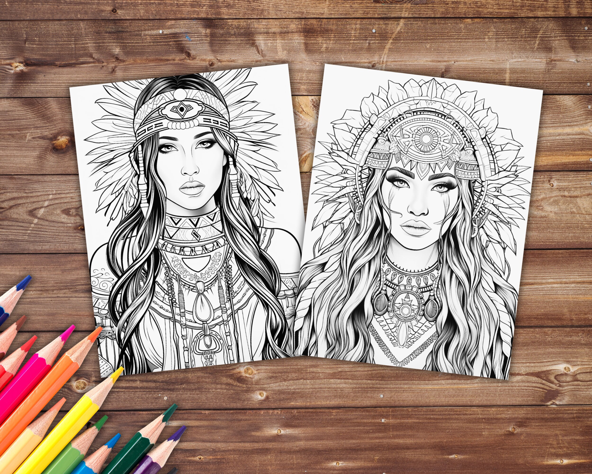 40 Native American Women Coloring Book, Grayscale Fantasy Beautiful ...
