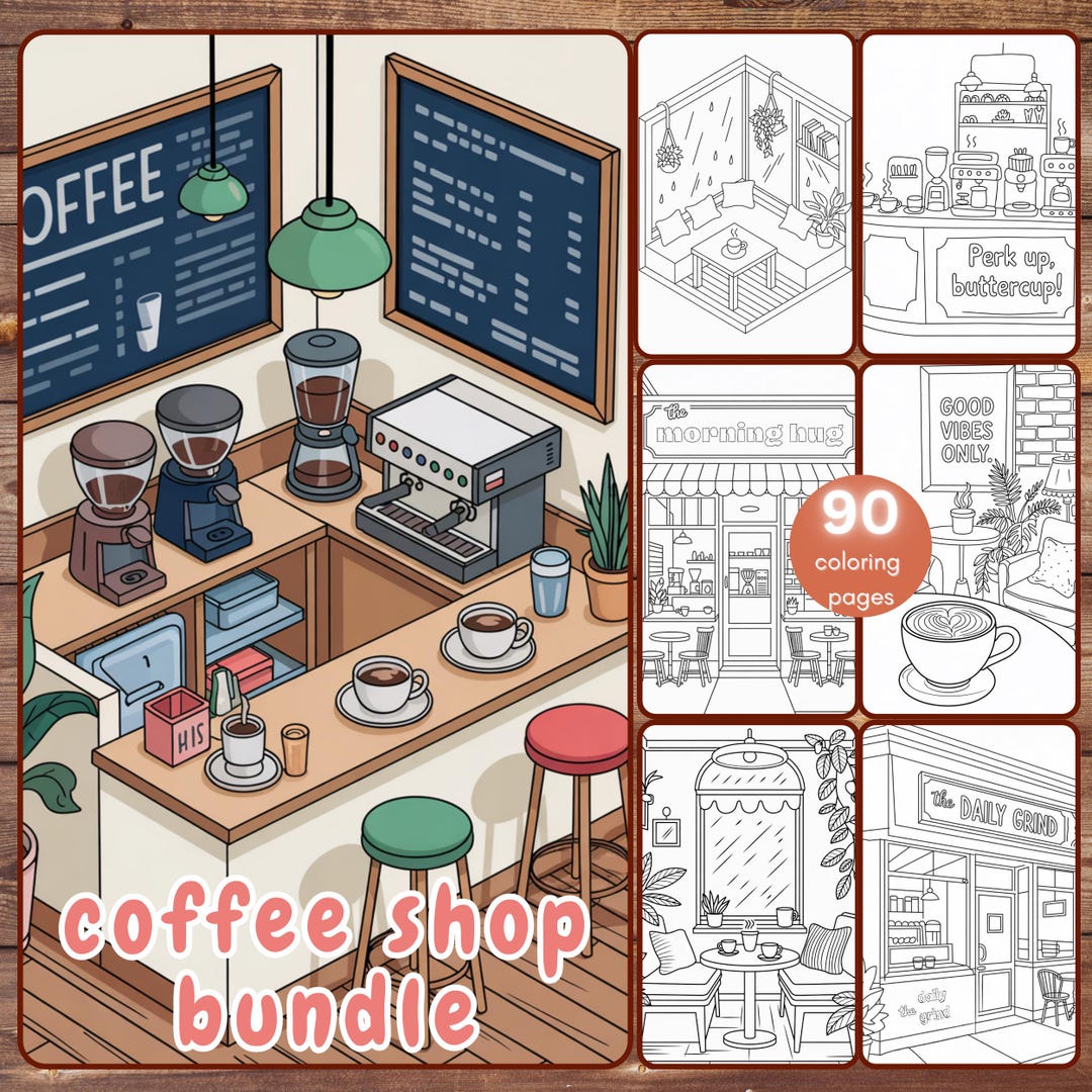 90 Cozy Coffee Shop Scenes Bundle Coloring Book, Easy Cozy Cafe Moments ...