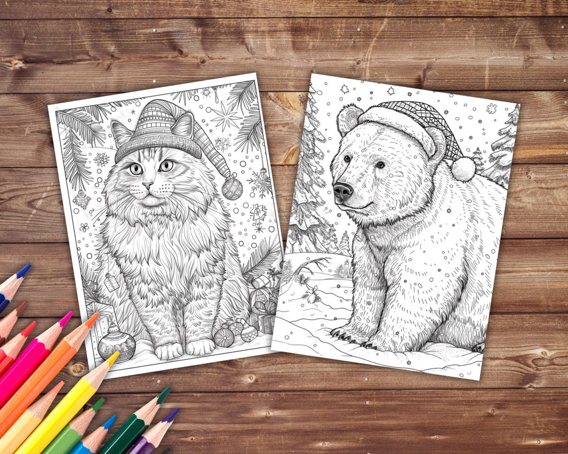 35 Christmas Animals Coloring Book, Grayscale Winter Animals Coloring ...
