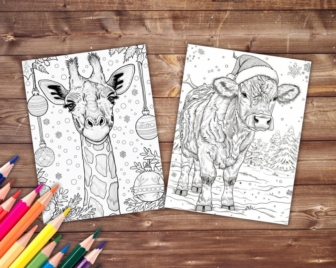 35 Christmas Animals Coloring Book, Grayscale Winter Animals Coloring ...
