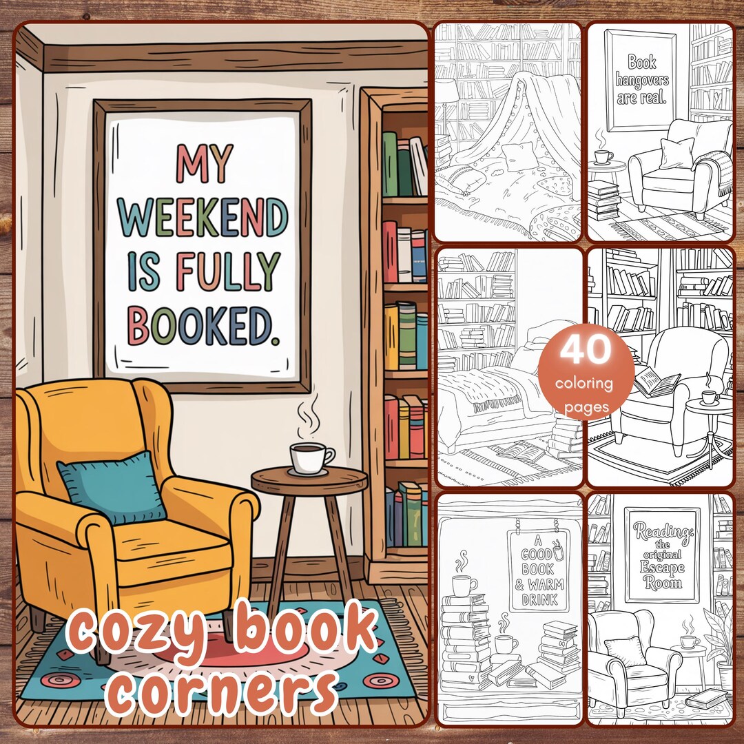 Cozy Book Corners Coloring Book, 40 Easy Clean Bookstore Library ...