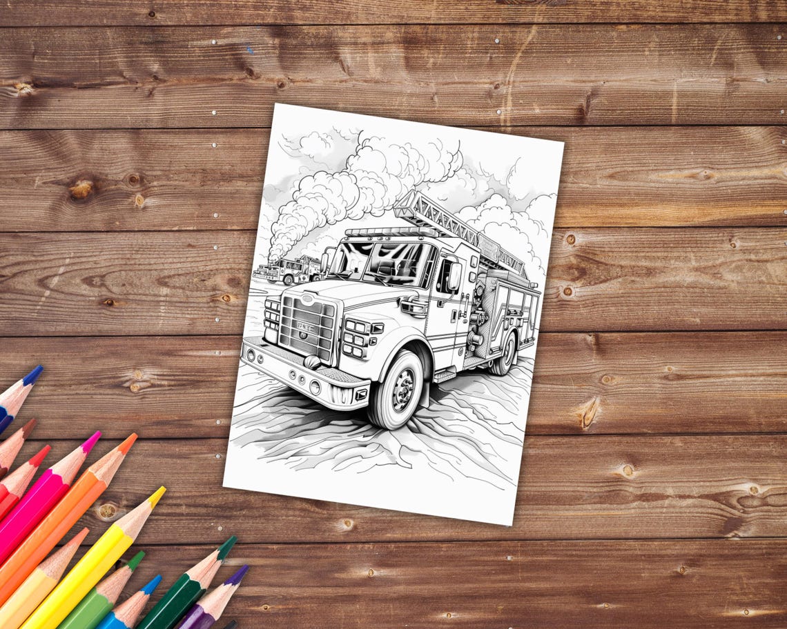 31 Firetrucks and Firefighters Coloring Book, Grayscale Trucks Coloring ...
