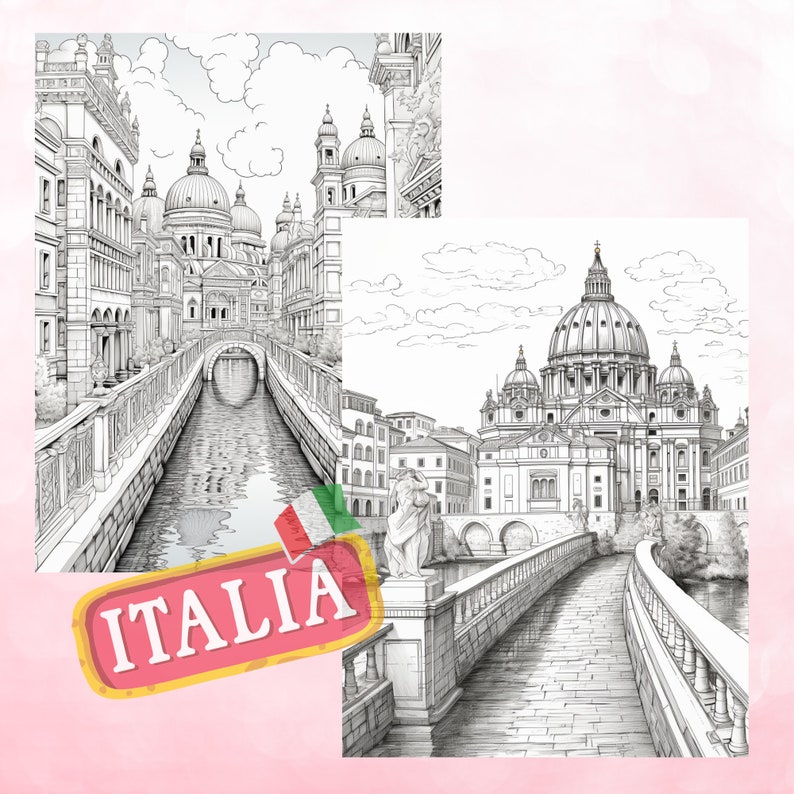 30 Italy Coloring Book, Grayscale Travel Destinations Coloring for ...