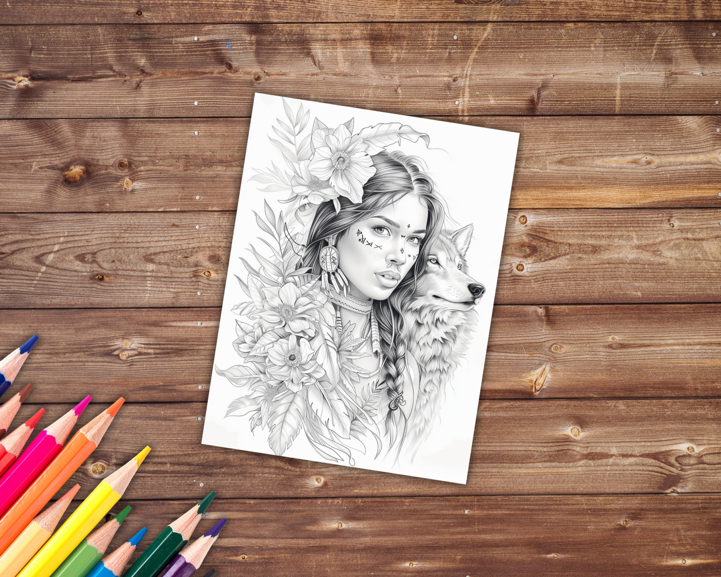 40 Native American Women Coloring Book, Grayscale Fantasy Beautiful ...