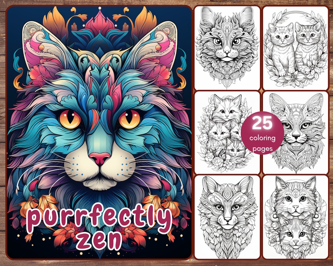 25 Mandala Style Cat Coloring Book, Grayscale Printable Cats and ...