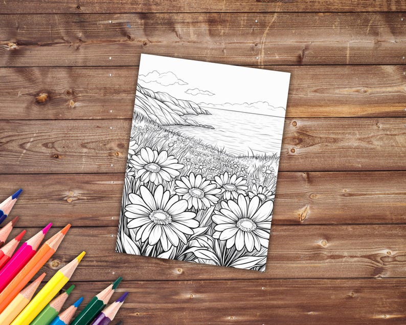 30 Daisies Coloring Book, Grayscale Daisy Coloring Pages for Adults and ...