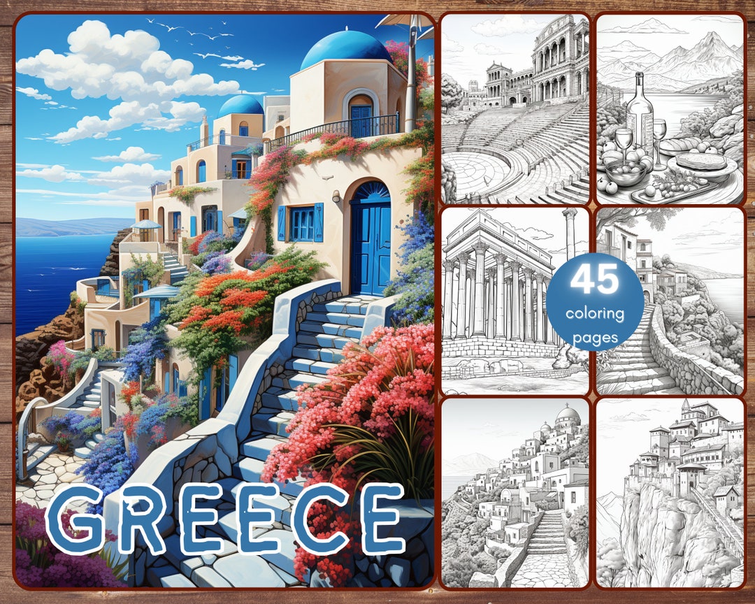 45 Greece Coloring Book, Grayscale Santorini Coloring Pages for Adults ...