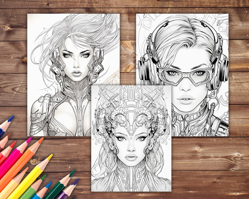 30 Futuristic Women Coloring Book, Grayscale Fantasy World Coloring ...