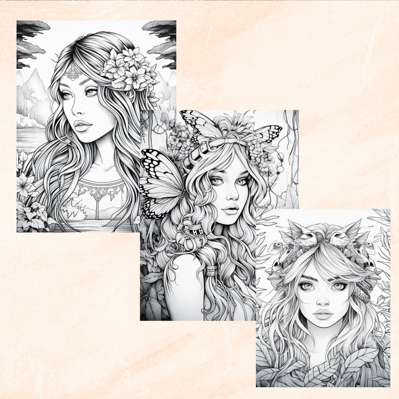 30 Forest Fairy Coloring Book, Grayscale Fantasy Printable Beautiful ...