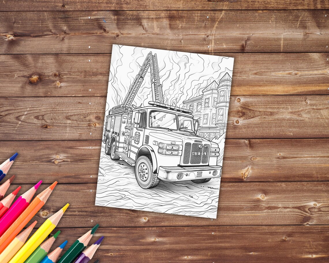 31 Firetrucks and Firefighters Coloring Book, Grayscale Trucks Coloring ...
