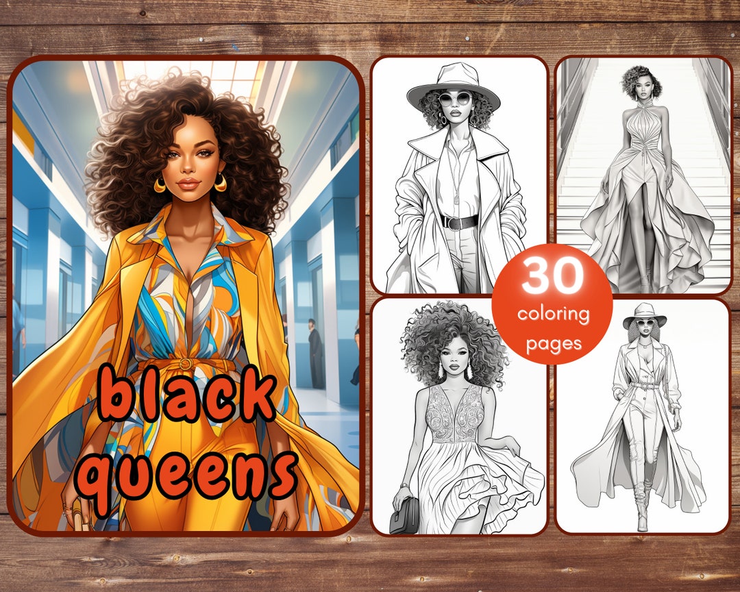 30 Black Queens Fashion Coloring Book, Grayscale Printable Black Women ...