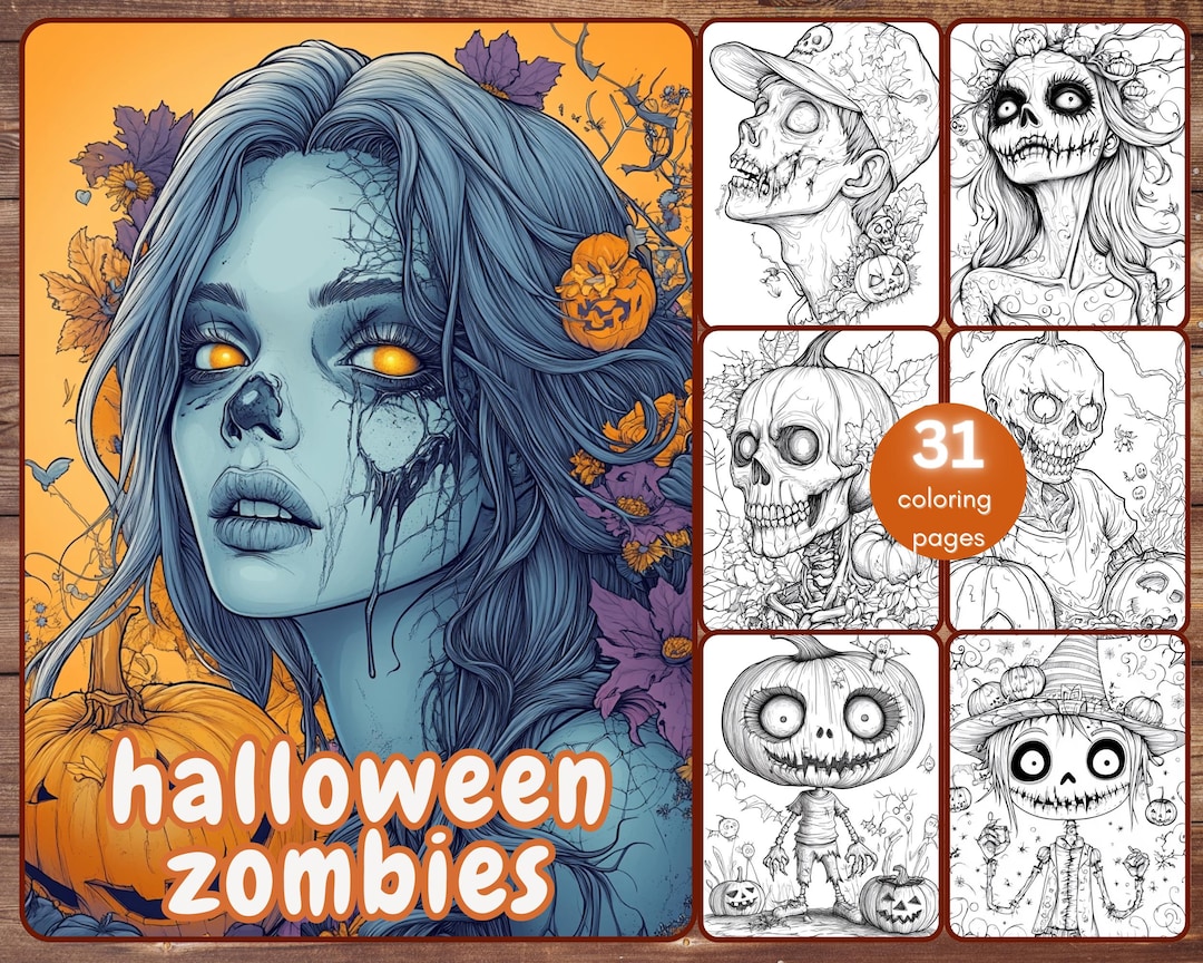 31 Halloween Zombies Coloring Book, Grayscale Spooky Halloween Coloring ...