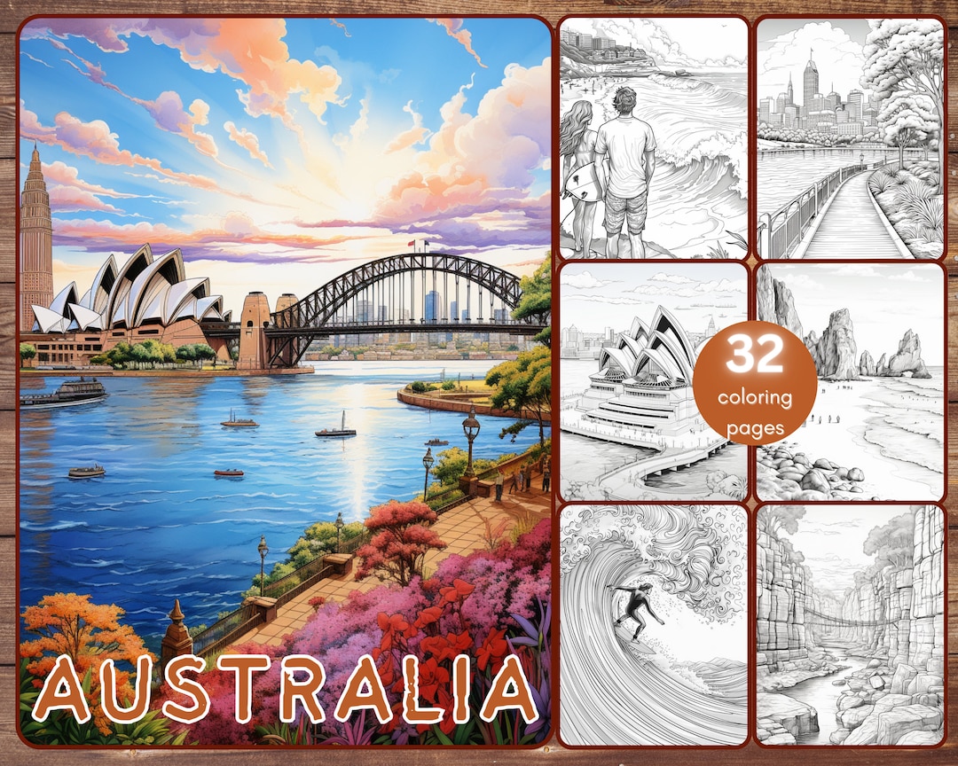 32 Australia Coloring Book, Grayscale Down Under Coloring Pages for ...