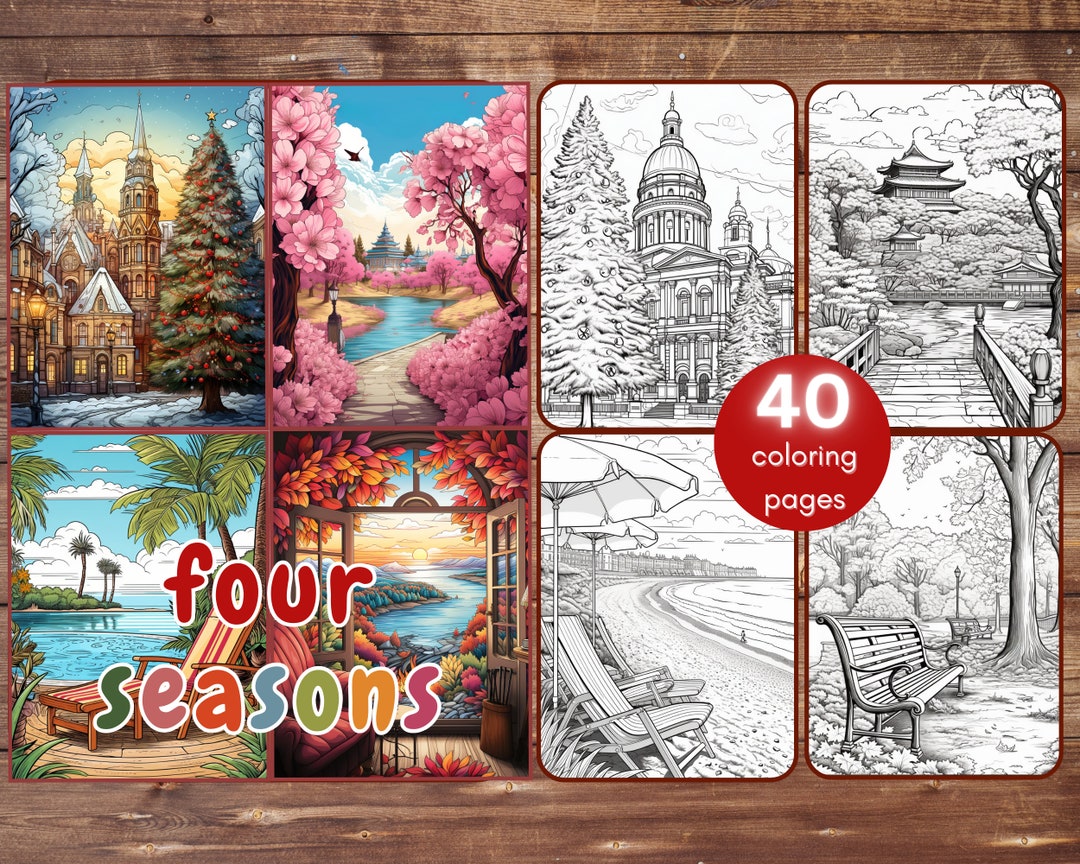40 Four Seasons Coloring Book, Grayscale Printable 4 Seasons Coloring ...