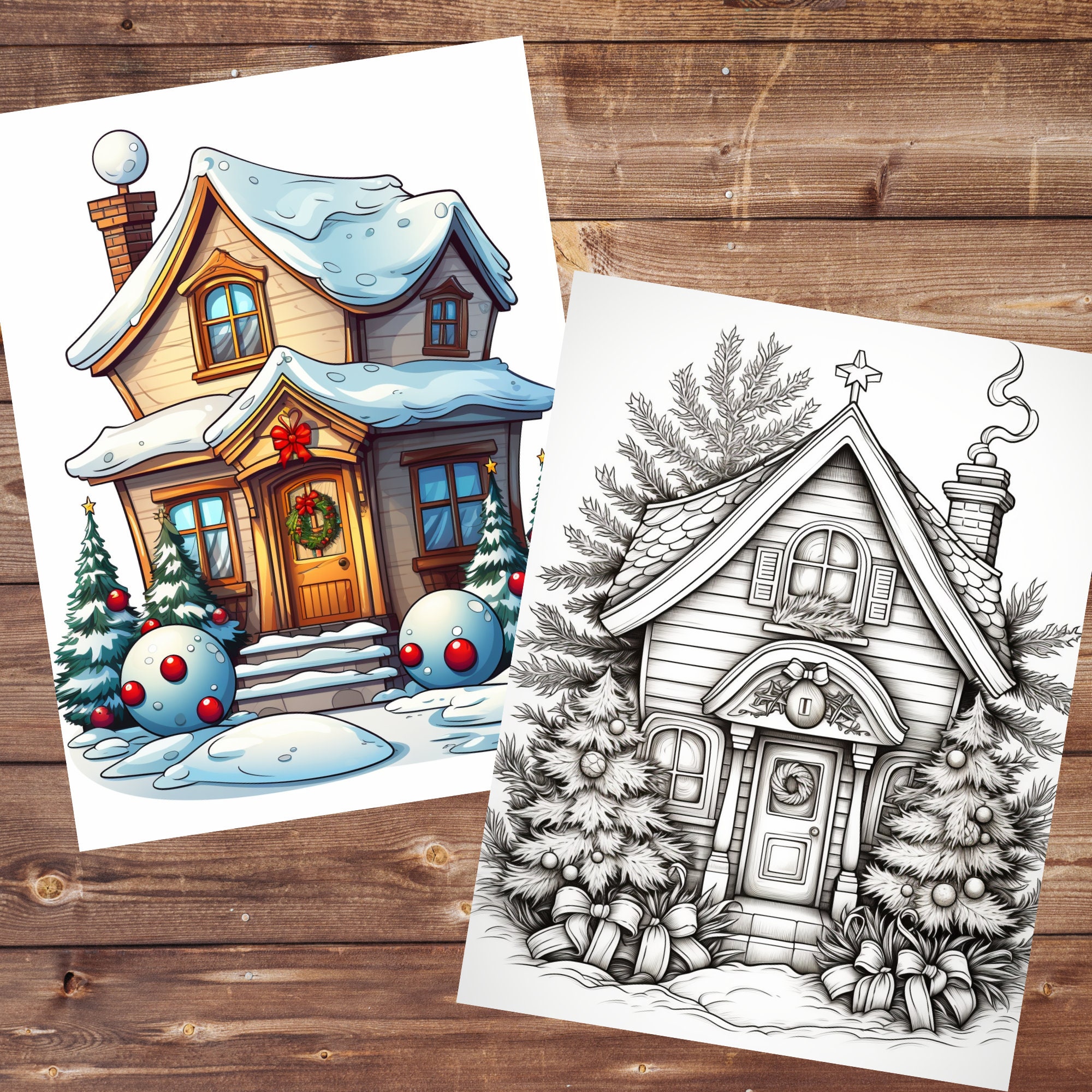 30 Christmas Houses Coloring Book, Grayscale Christmas Coloring for ...