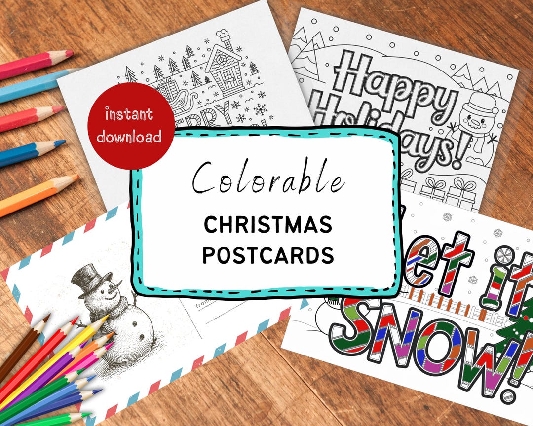 Printable Christmas Coloring Postcards, DIY Holiday Cards With Stamps ...