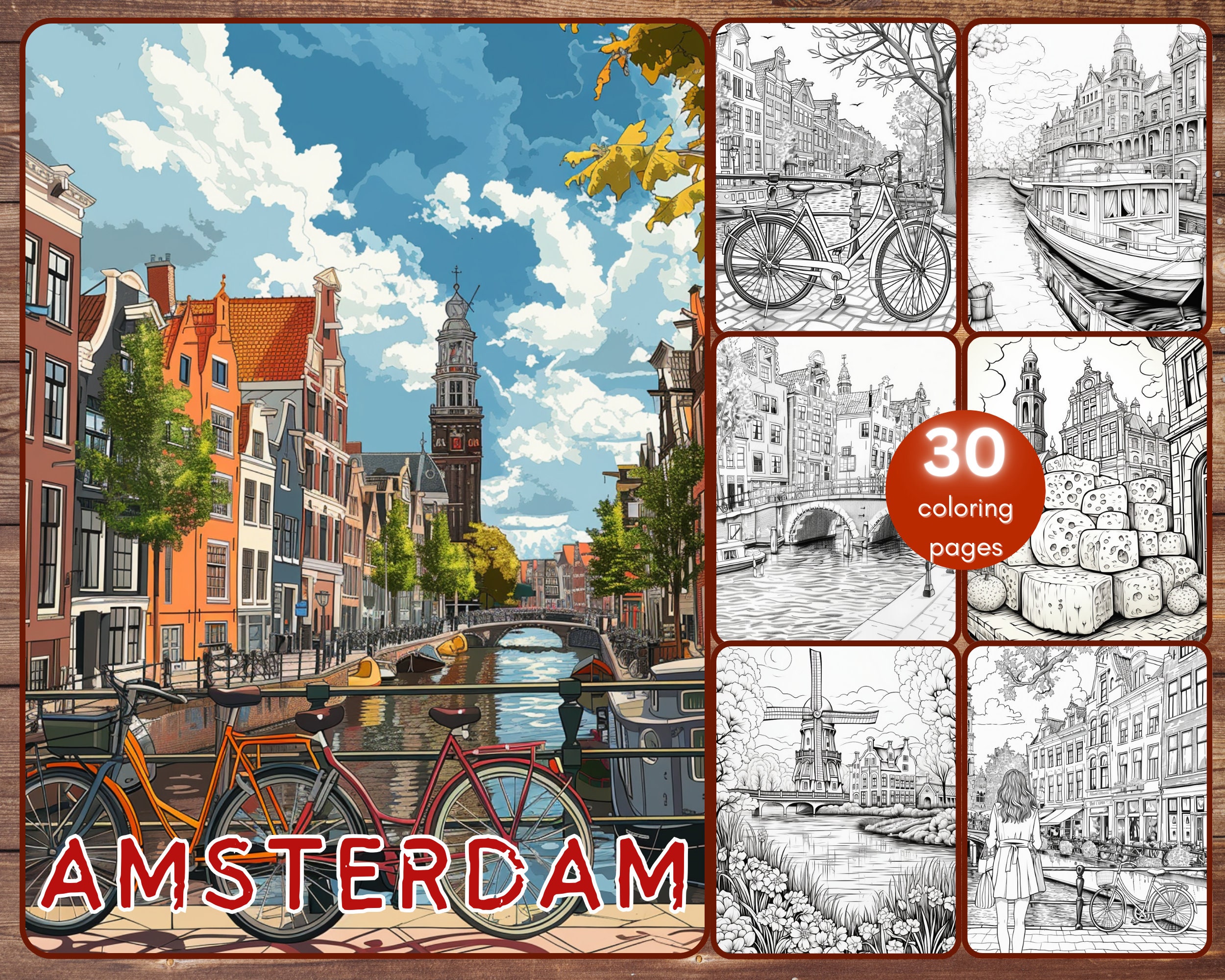 30 Amsterdam Coloring Book, Grayscale Netherlands Coloring Pages for ...