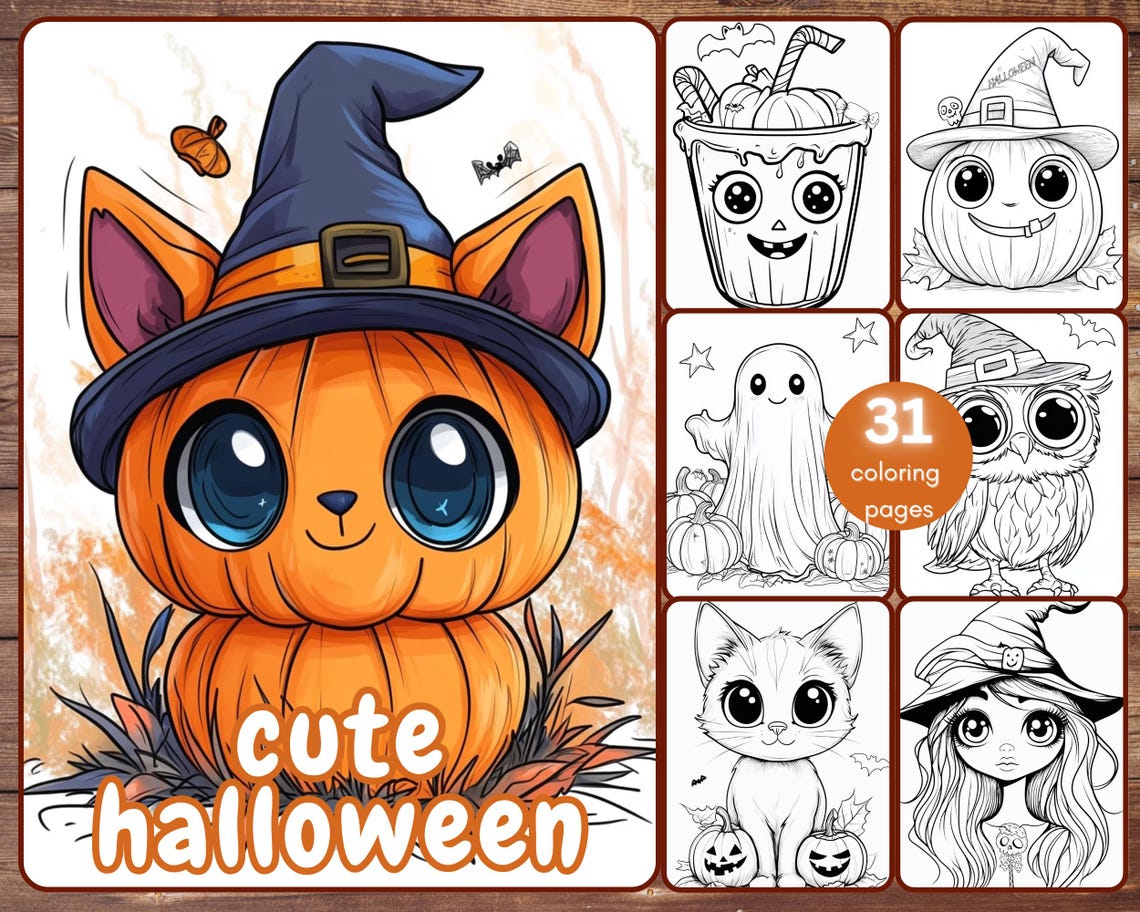 31 Cute Kawaii Halloween Coloring Book, Simple Cozy Halloween Coloring ...