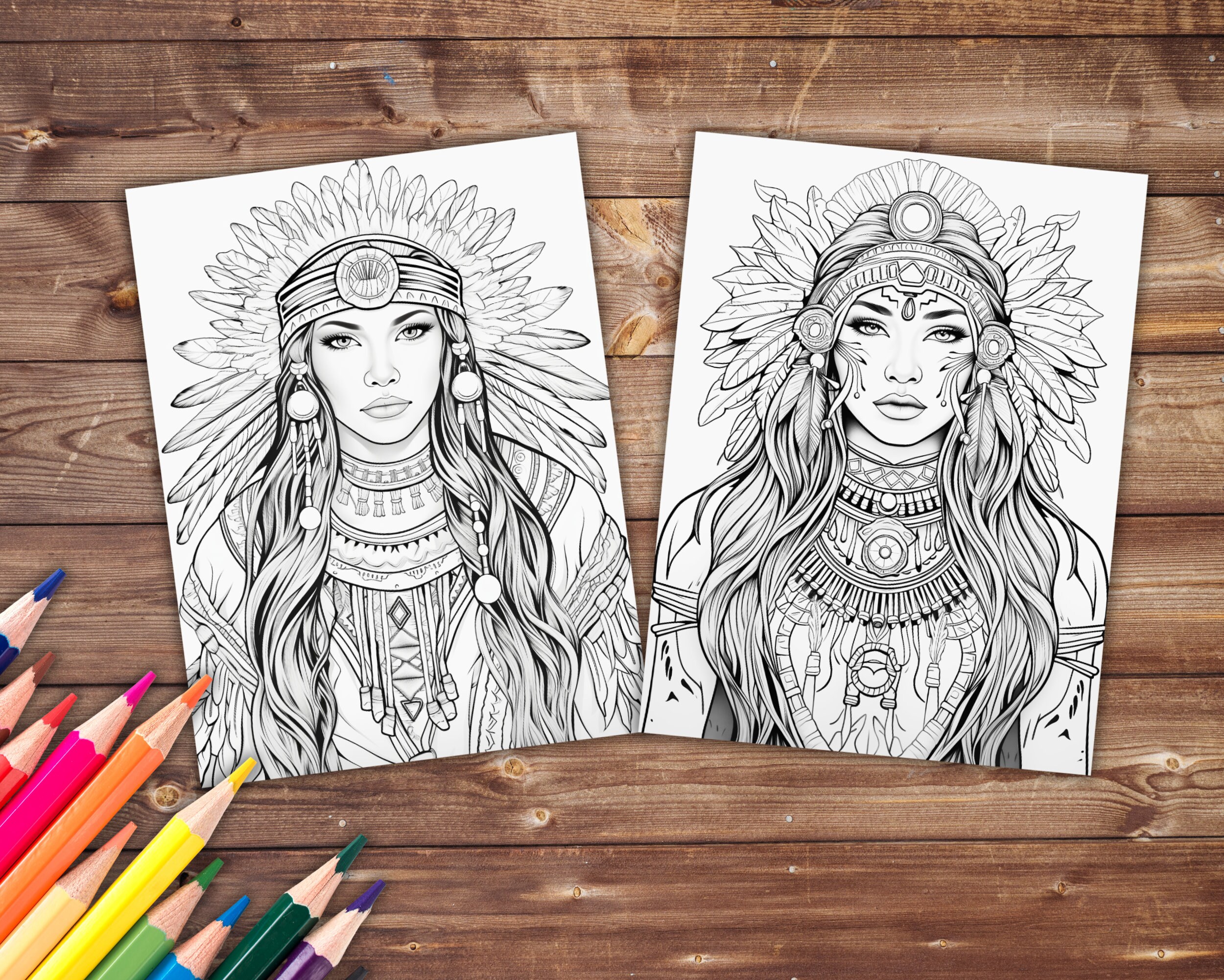 40 Native American Women Coloring Book, Grayscale Fantasy Beautiful ...